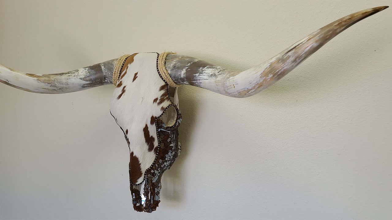Authentic Longhorn Skull with Cowhide & Copper Glass | Lone Star ...