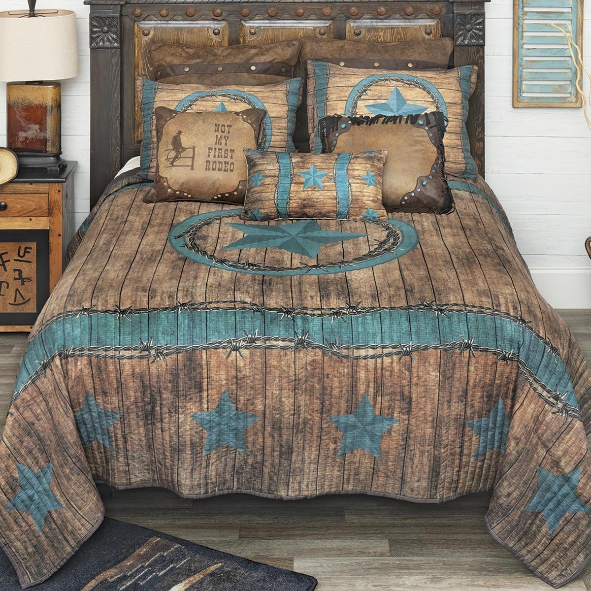Turquoise Star & Barbed Wire Quilt Bed Set - King | Lone Star Western Decor
