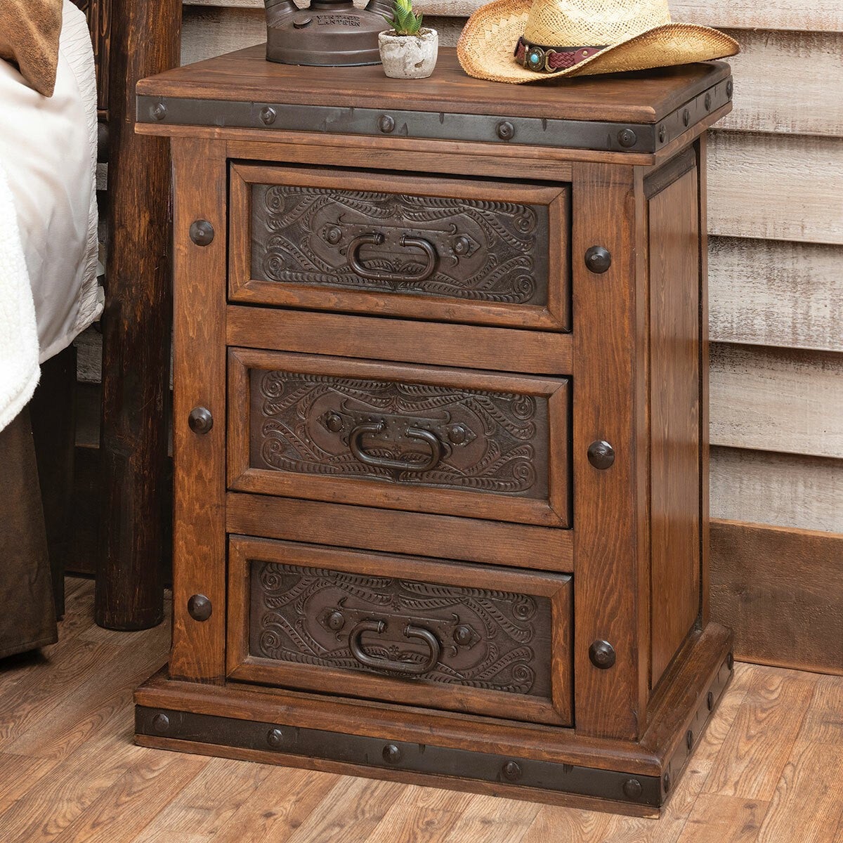 rustic bedside table with drawers