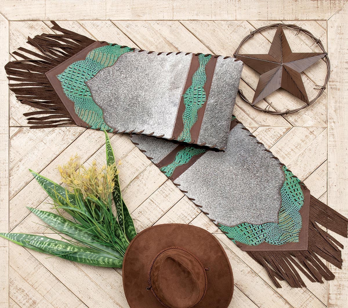 Cowhide & Turquoise Tooled Leather Table Runner - 96 Inch | Lone Star ...