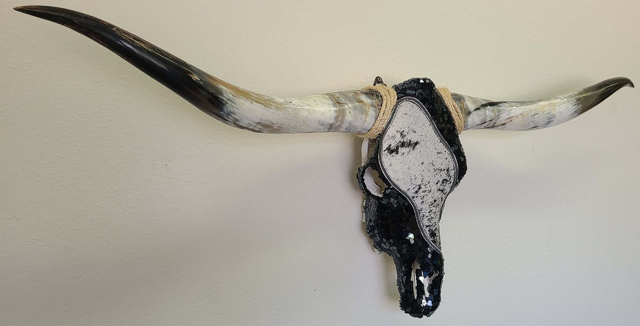 Authentic Longhorn Skull with Salt & Pepper Cowhide & Black Glass ...
