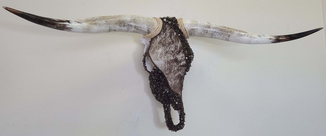 Authentic Longhorn Skull with Brindle Cowhide & Bronze Glass Bands ...