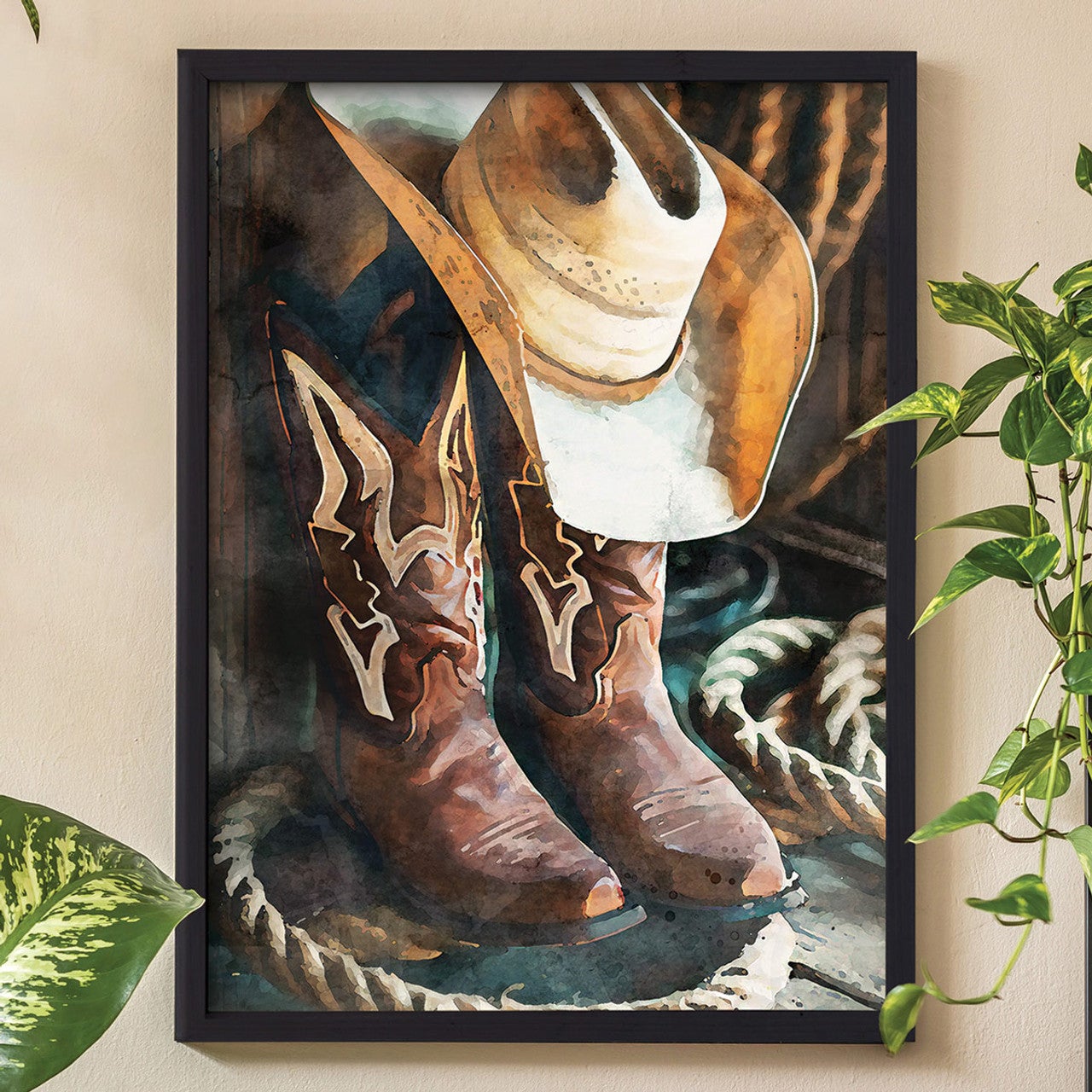 Western Cowboy Hat & Boots Framed Wall Art | Lone Star Western Decor