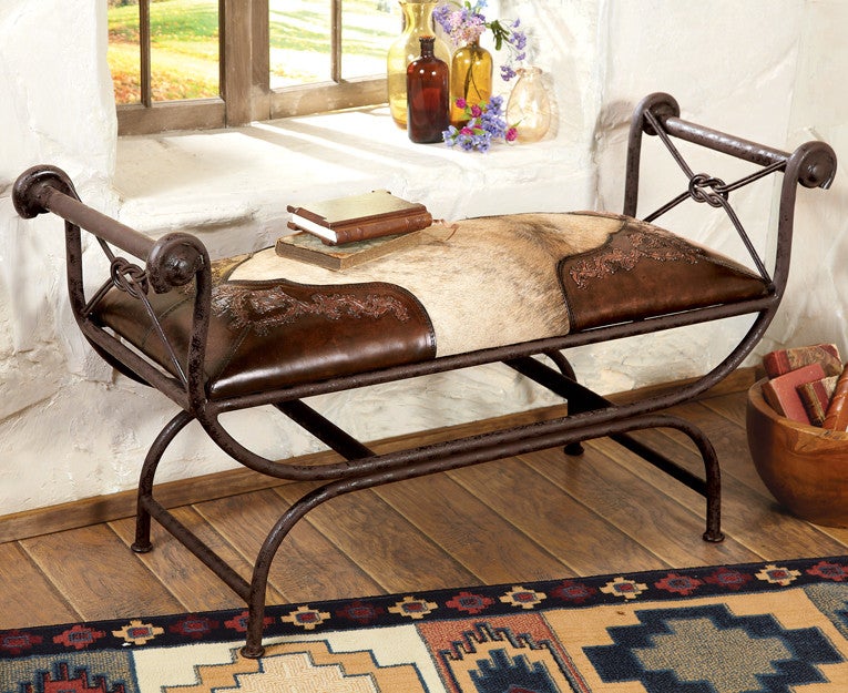 Tooled Leather and Cowhide Bench | Lone Star Western Decor