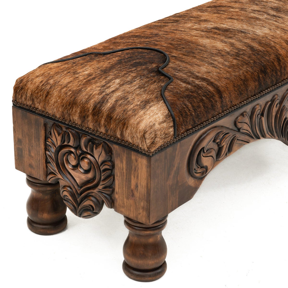 Western Scroll Carved Cowhide Bench | Lone Star Western Decor
