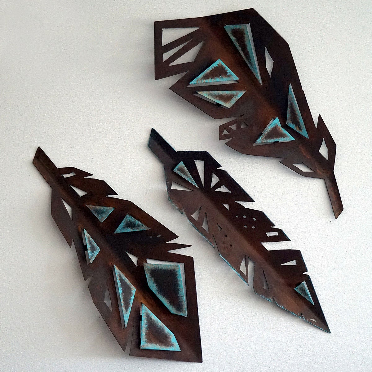 Mesa Turquoise Metal Feathers - Set of 3 | Lone Star Western Decor