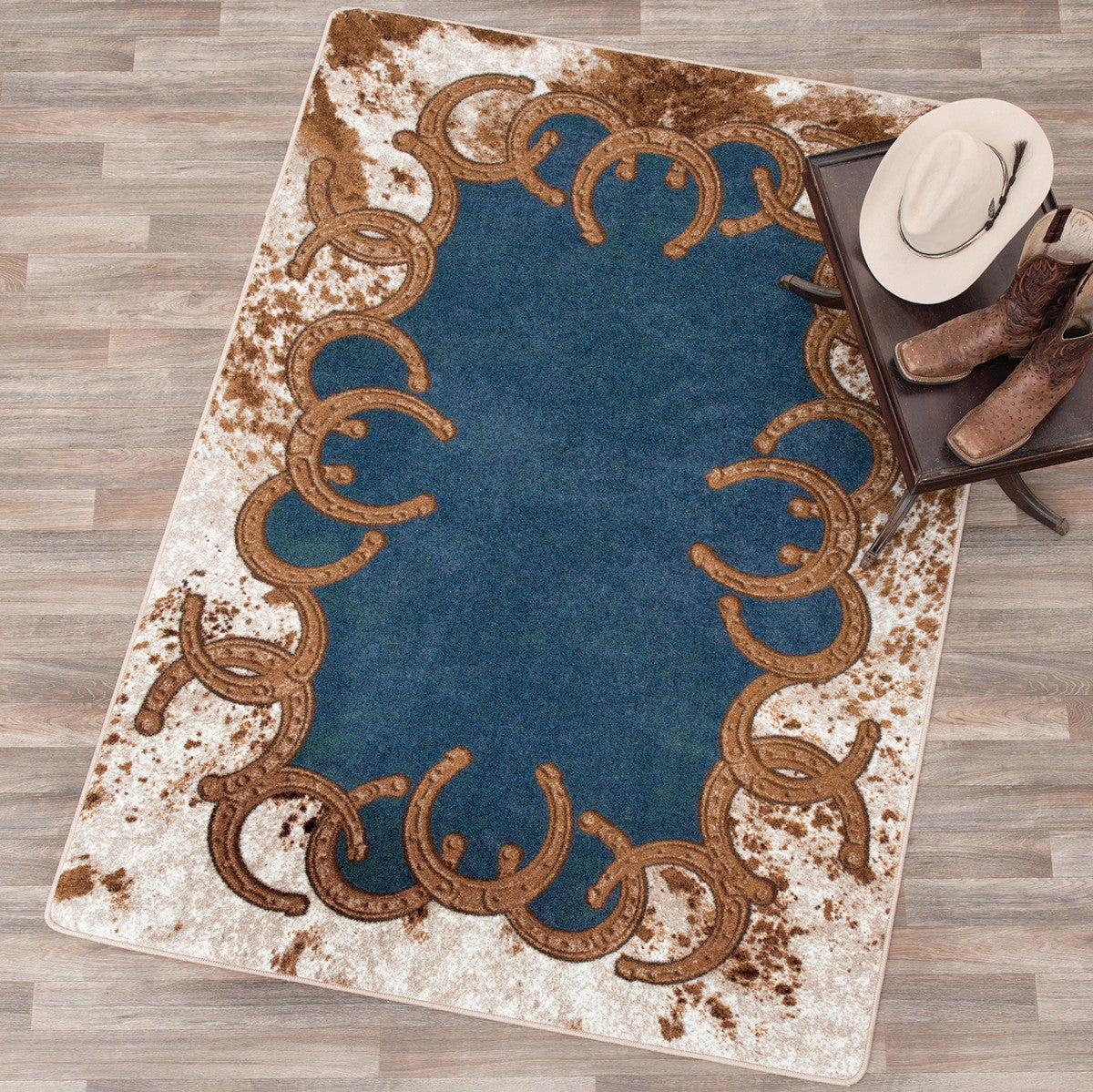 Horseshoe & Cowhide Denim Blue Rug Collection | Lone Star Western Decor