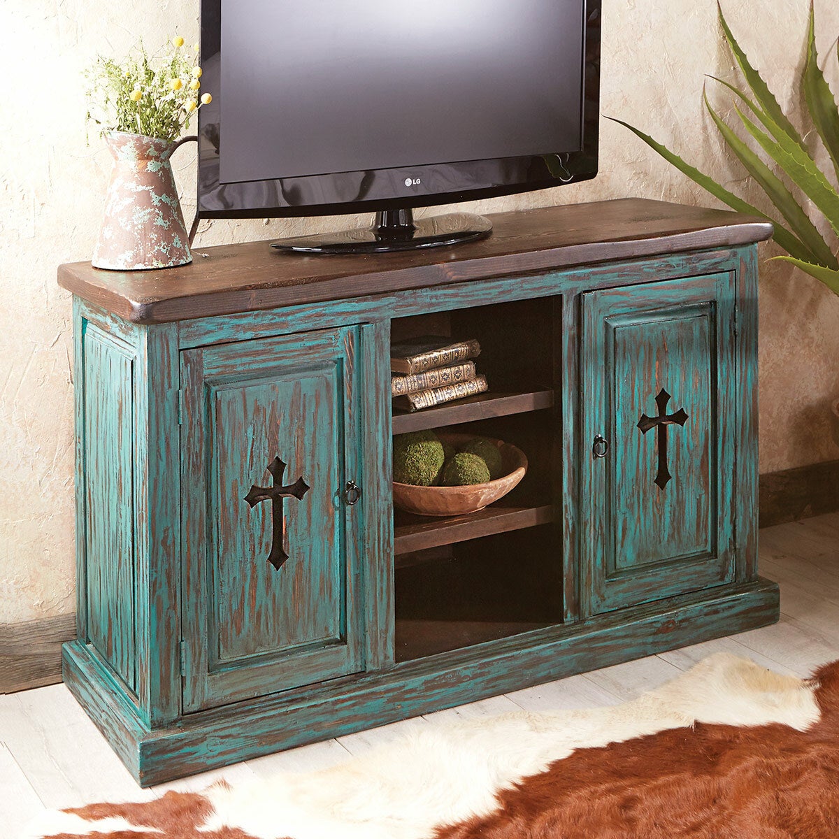 rustic blue media console